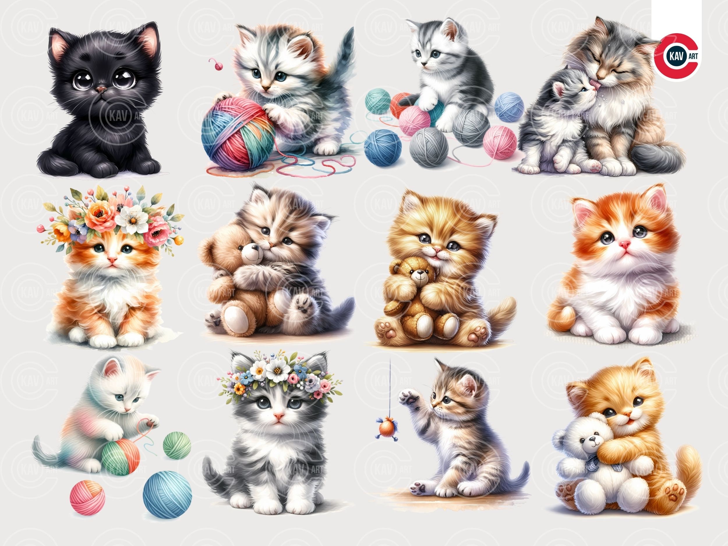 Cute Cat Clipart Pngs, Cute Kitten Watercolor Clipart, Print on Demand ...