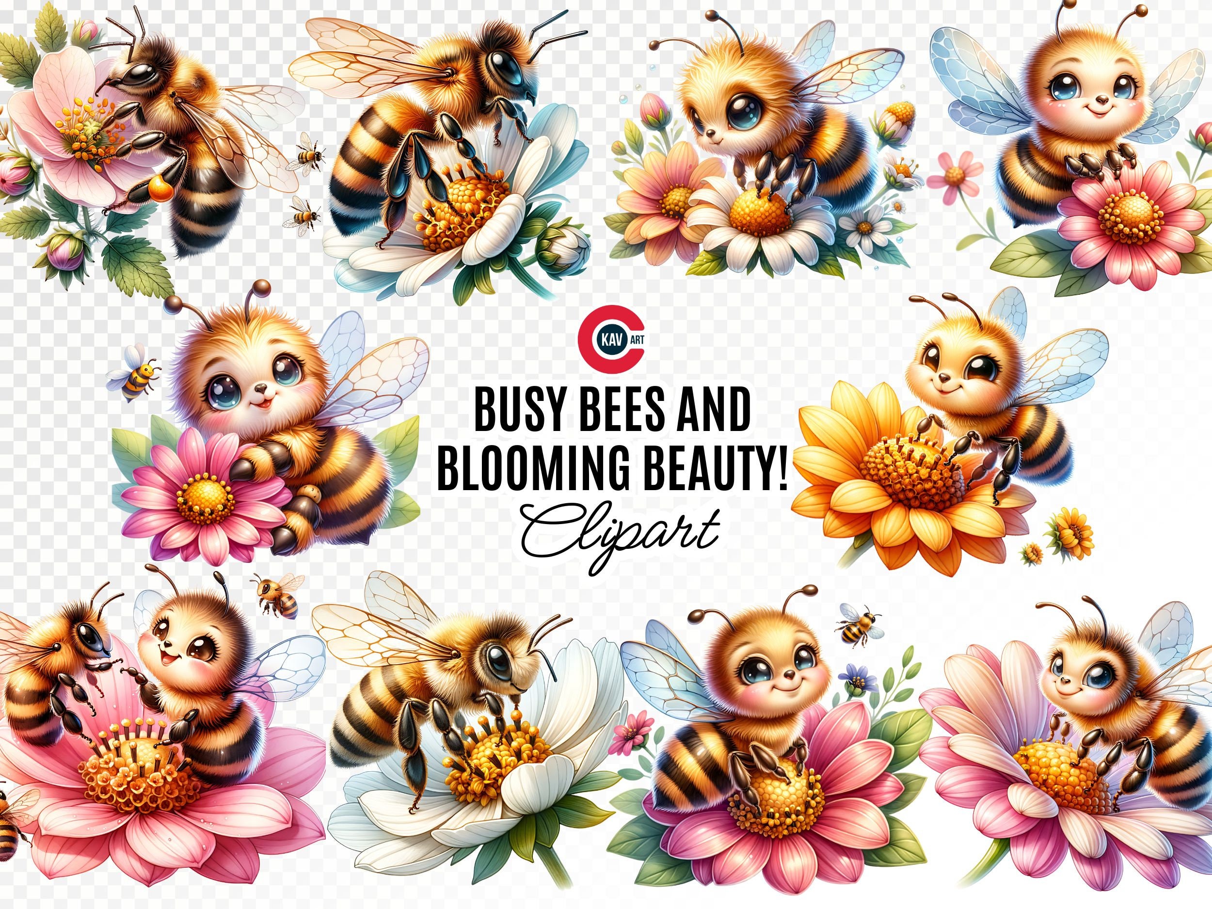 Cute Bee Clipart, Honeybee With Flower Clipart, Baby Bee Clipart, Bee ...