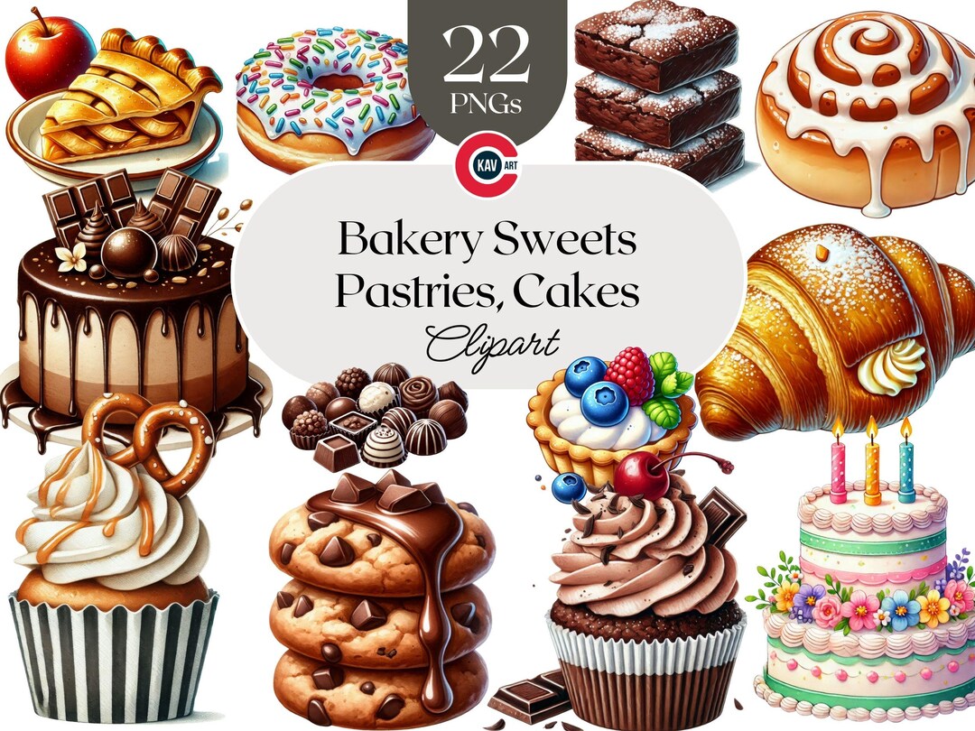 Watercolor Bakery Clipart: Sweets, Cakes, Pastries (PNG Digital ...
