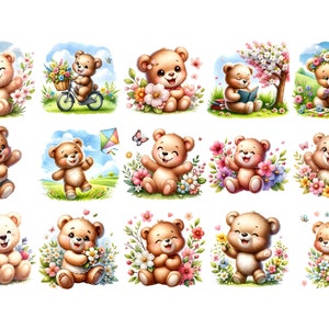 Cute Teddy Bear With Spring Flowers Watercolor Clipart Bundle, Cute ...