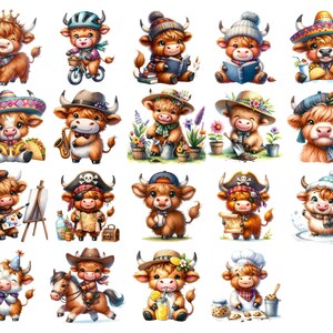 Highland Cow Fun Activity Watercolor Clipart, Cute Highland Cow Clipart ...