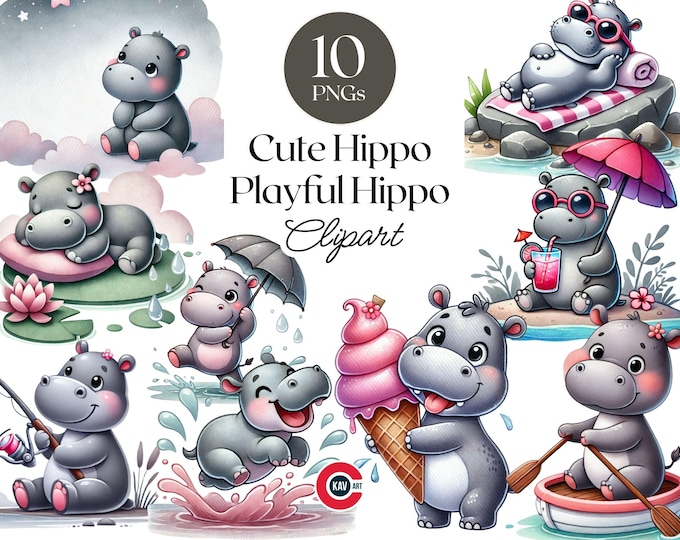 10 Hippo Clipart, Funny Animal Clipart, High Quality Jpgs, Digital ...