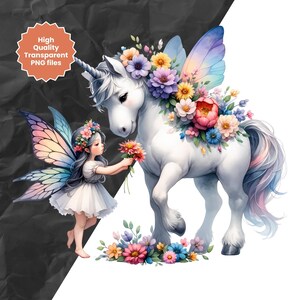Cute Fairy Decorating Unicorn With Flowers Watercolor Clipart, Magical ...
