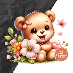 Cute Teddy Bear With Spring Flowers Watercolor Clipart Bundle, Cute ...