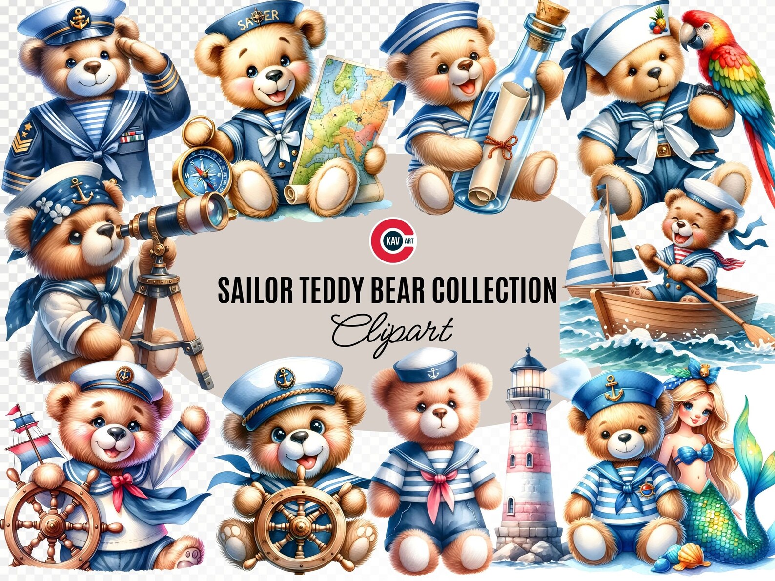 Sailor Teddy Bear Collection Clipart, Teddy Bear With a Captain’s Hat ...