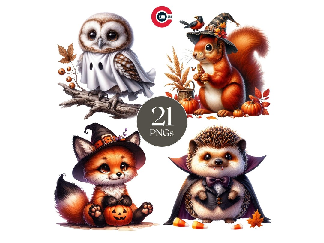 Halloween Woodland Animals Clipart, Spooky Autumn Pngs (digital ...