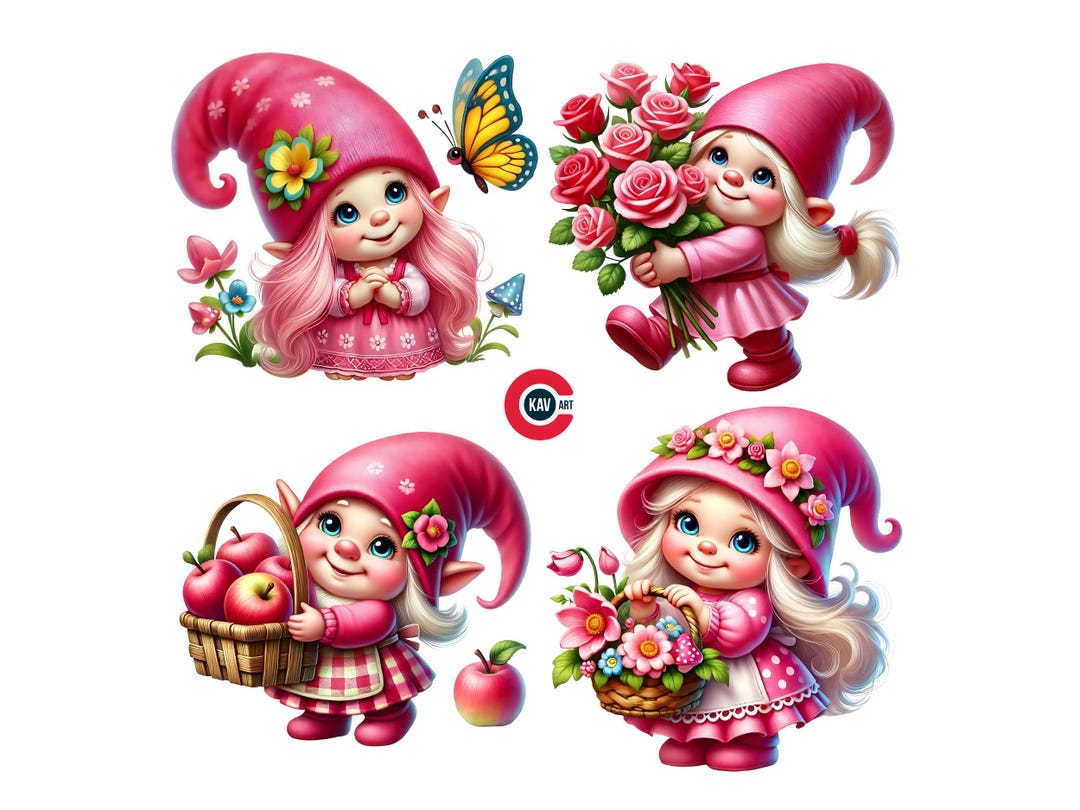 Girl Gnome Clipart, Cute Pink Gnome Clipart, Gnome Girl, Cute Gnome ...