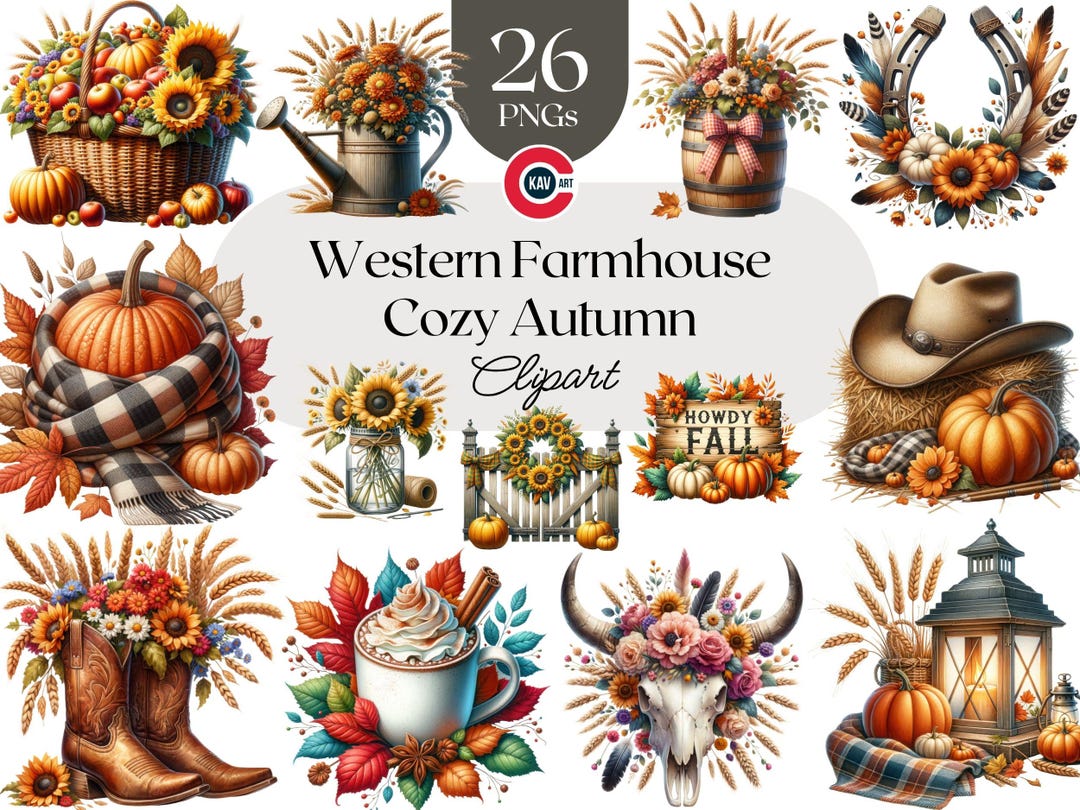 Western Autumn Clipart Bundle: Farmhouse Pumpkins, Sunflowers (PNG) - Etsy