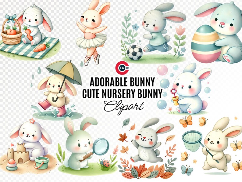 Nursery Animals Clipart, Cute Baby Bunny Clipart, Funny Bunny, Cute ...