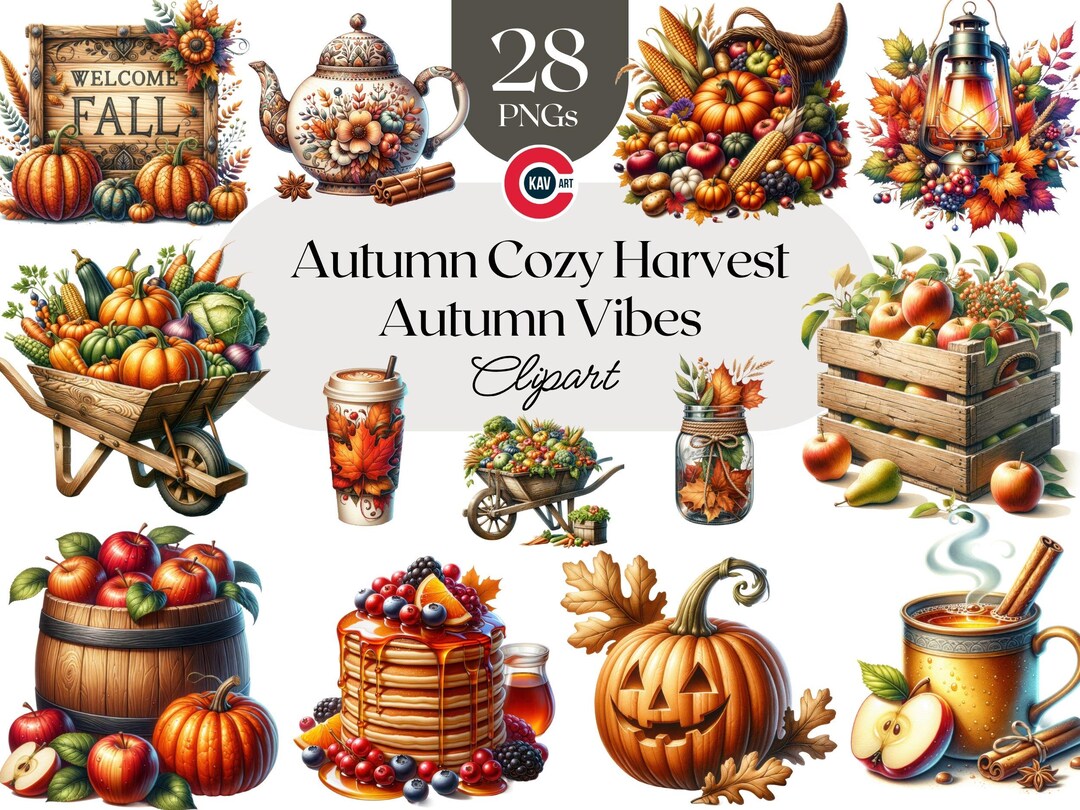 Rustic Autumn Farmhouse Clipart Bundle: Vintage Truck, Pumpkins, Hot ...
