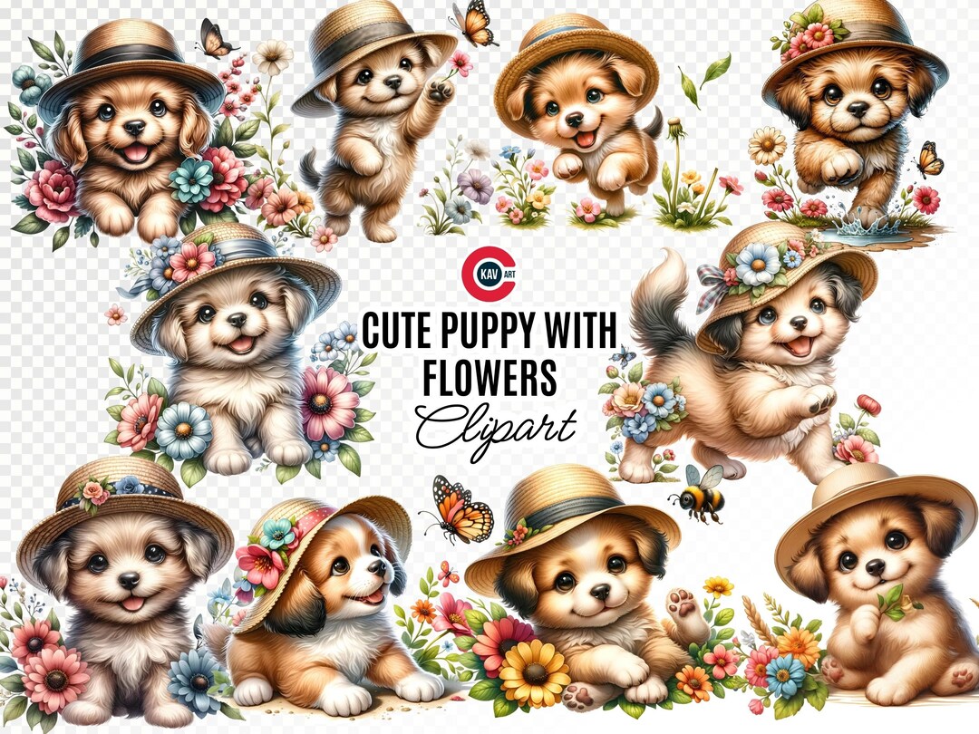 Watercolor Cute Puppy With Flowers Clipart, Cute Dog With Flowers ...