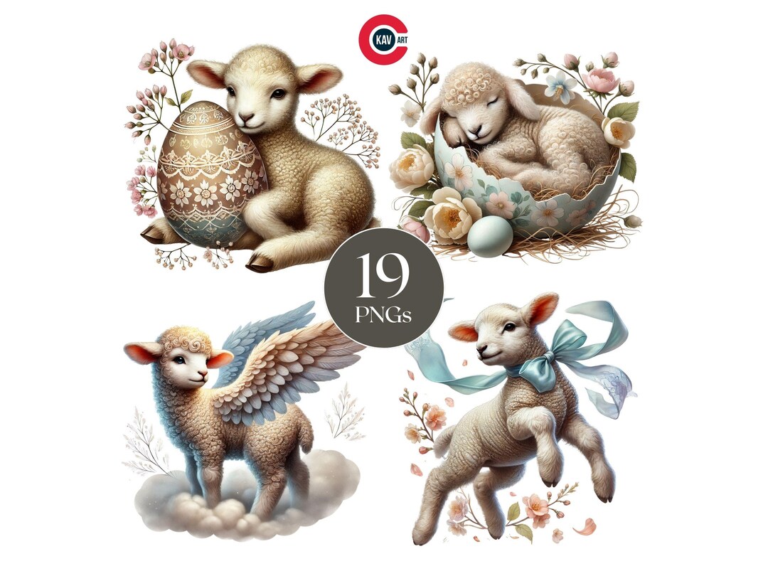 Easter Lamb Clipart, Cute Baby Lamb With Flowers and Easter Egg, Cute ...