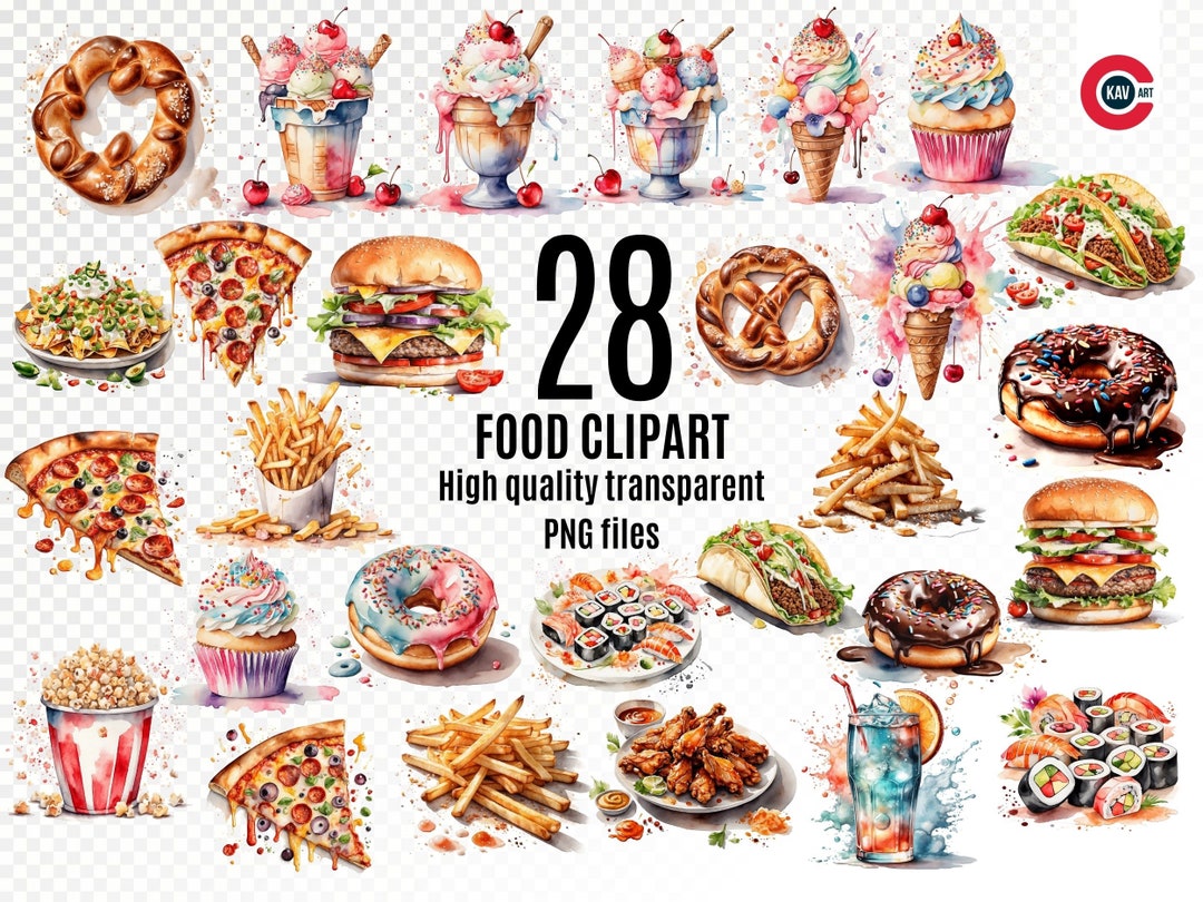Fast Food Clipart, Watercolor Food Clipart, 28 High-quality Transparent ...