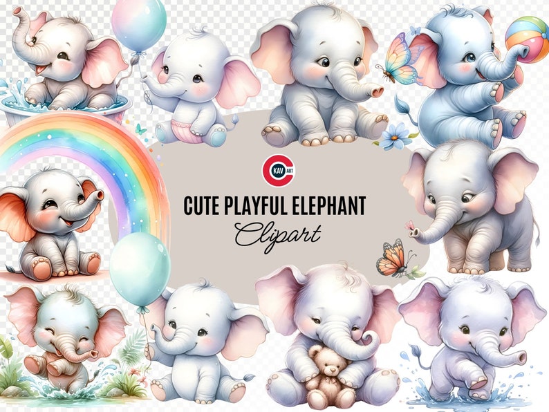 Watercolor Baby Elephant Clipart: Nursery Decor (PNG, Commercial Use ...