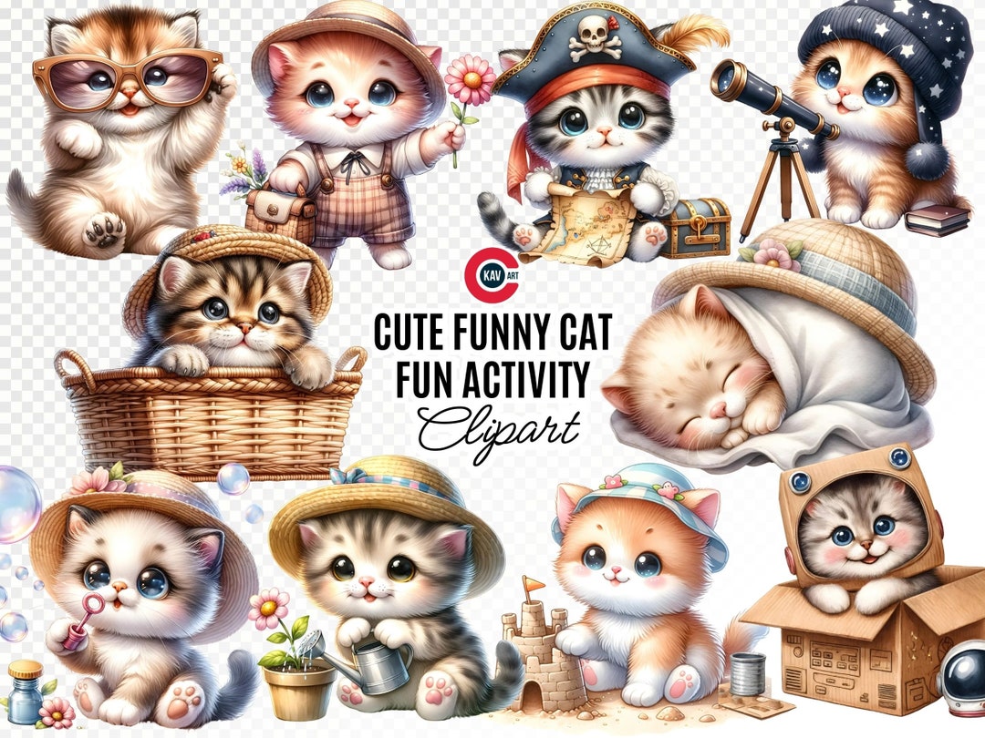 Funny Cat Watercolor Clipart Bundle, Cute Kitten Fun Clipart, Cat ...