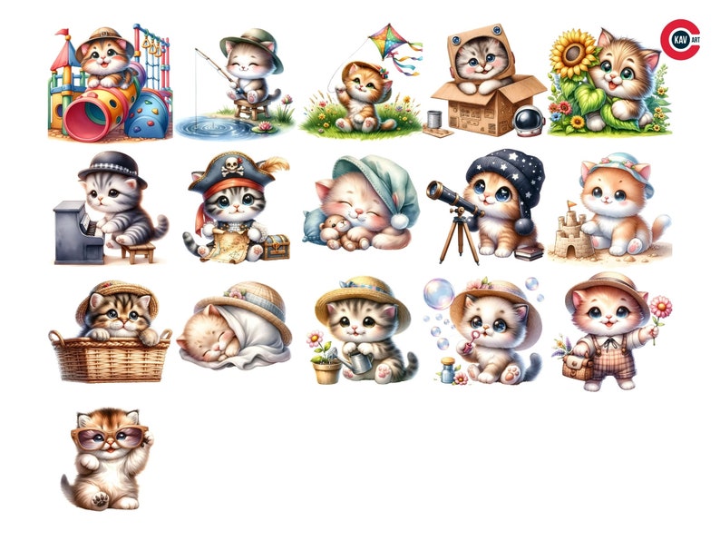 Funny Cat Watercolor Clipart Bundle, Cute Kitten Fun Clipart, Cat ...