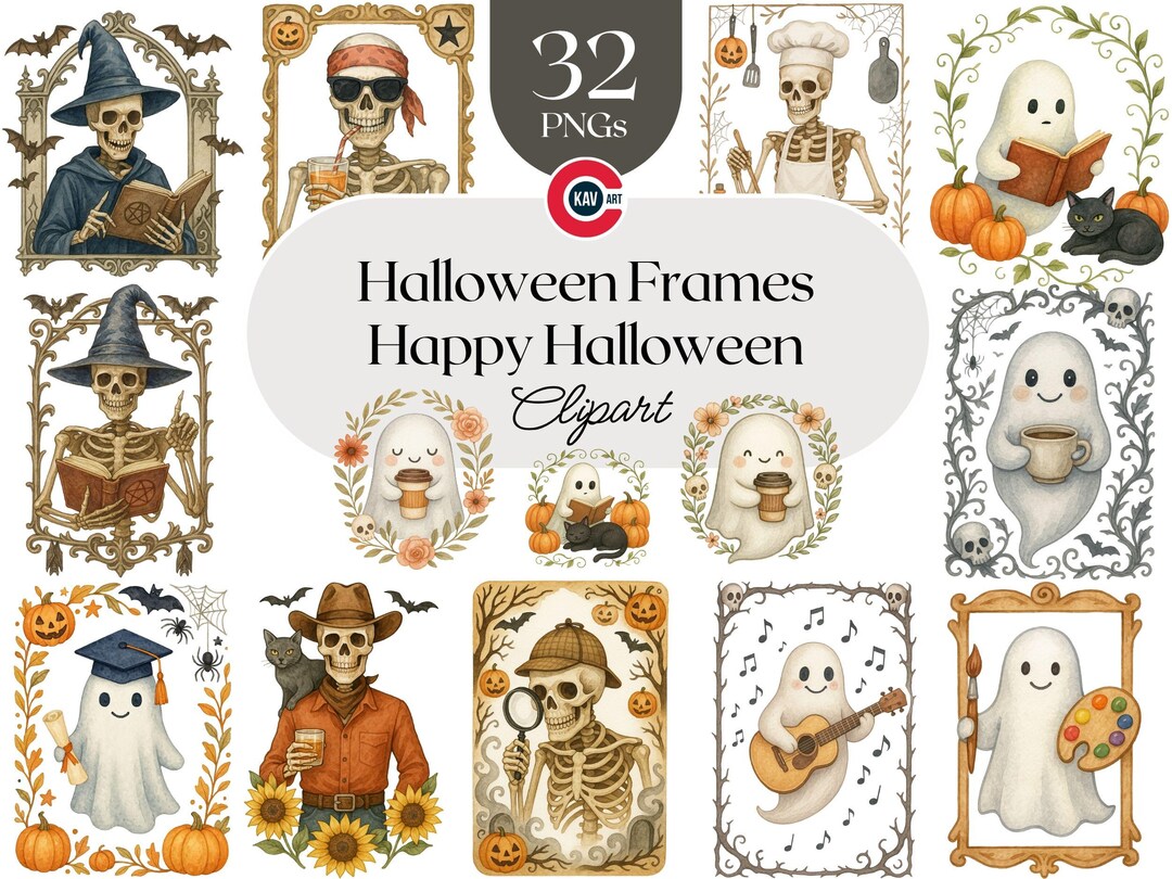 Halloween Clipart Bundle: Spooky Skeletons, Ghosts, Frames (digital ...