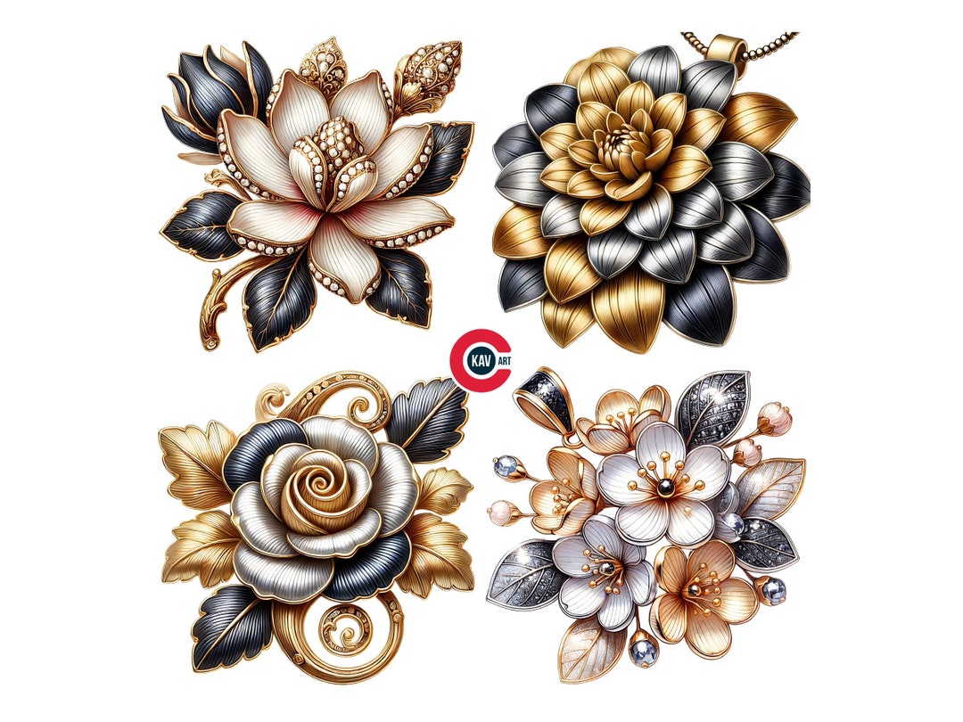 Gold and Silver Flower Jewellery Clipart, Flower Ornaments, Floral ...