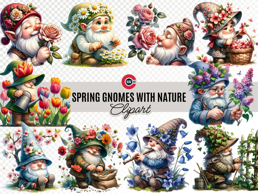 Spring Gnomes Clipart, Nursery Art, Garden Gnome Clipart, Spring Gnomes ...