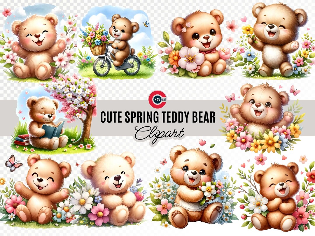 Watercolor Teddy Bear Clipart: Spring Flowers Bundle (transparent ...