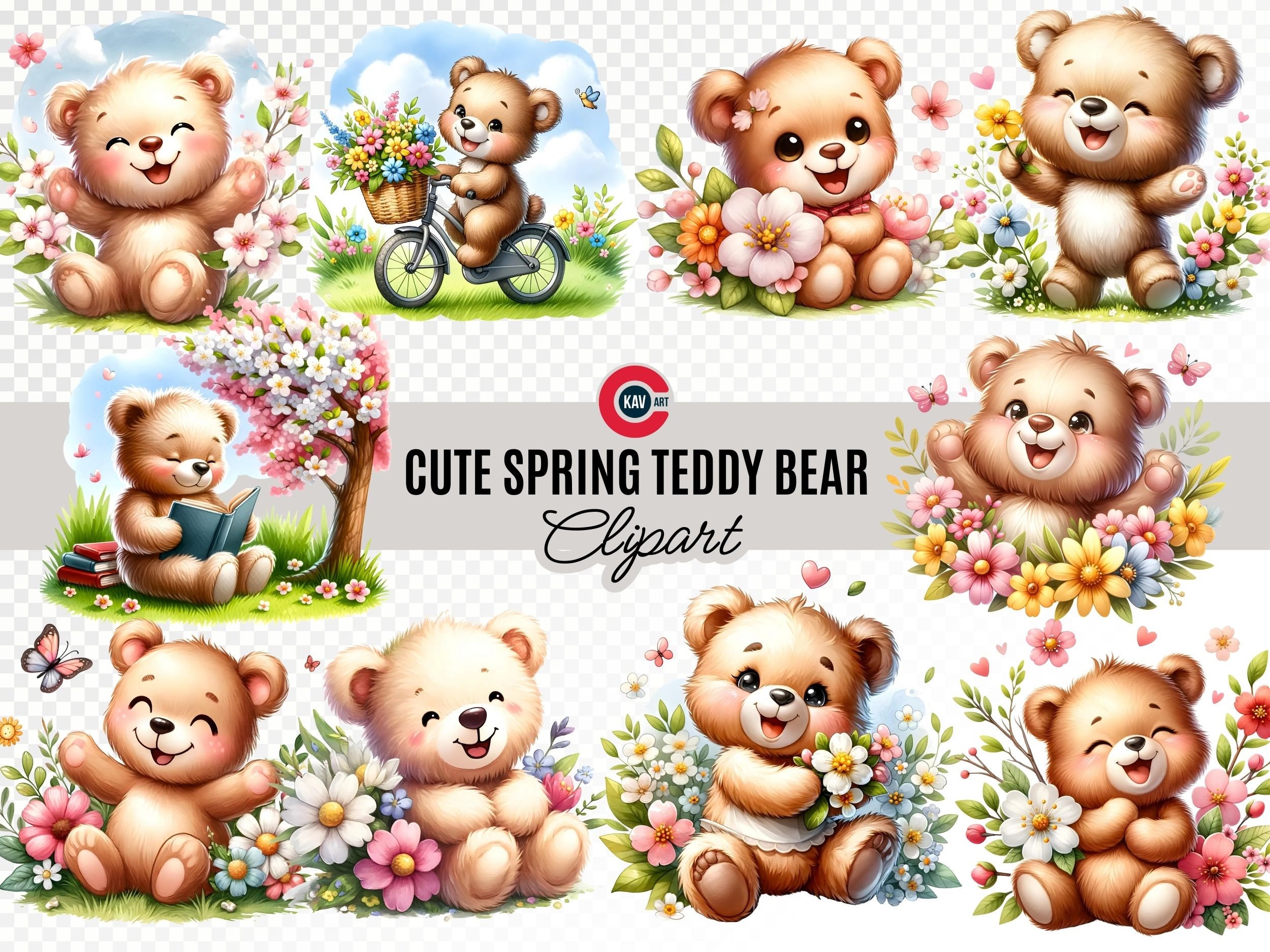 Cute Teddy Bear With Spring Flowers Watercolor Clipart Bundle, Cute ...
