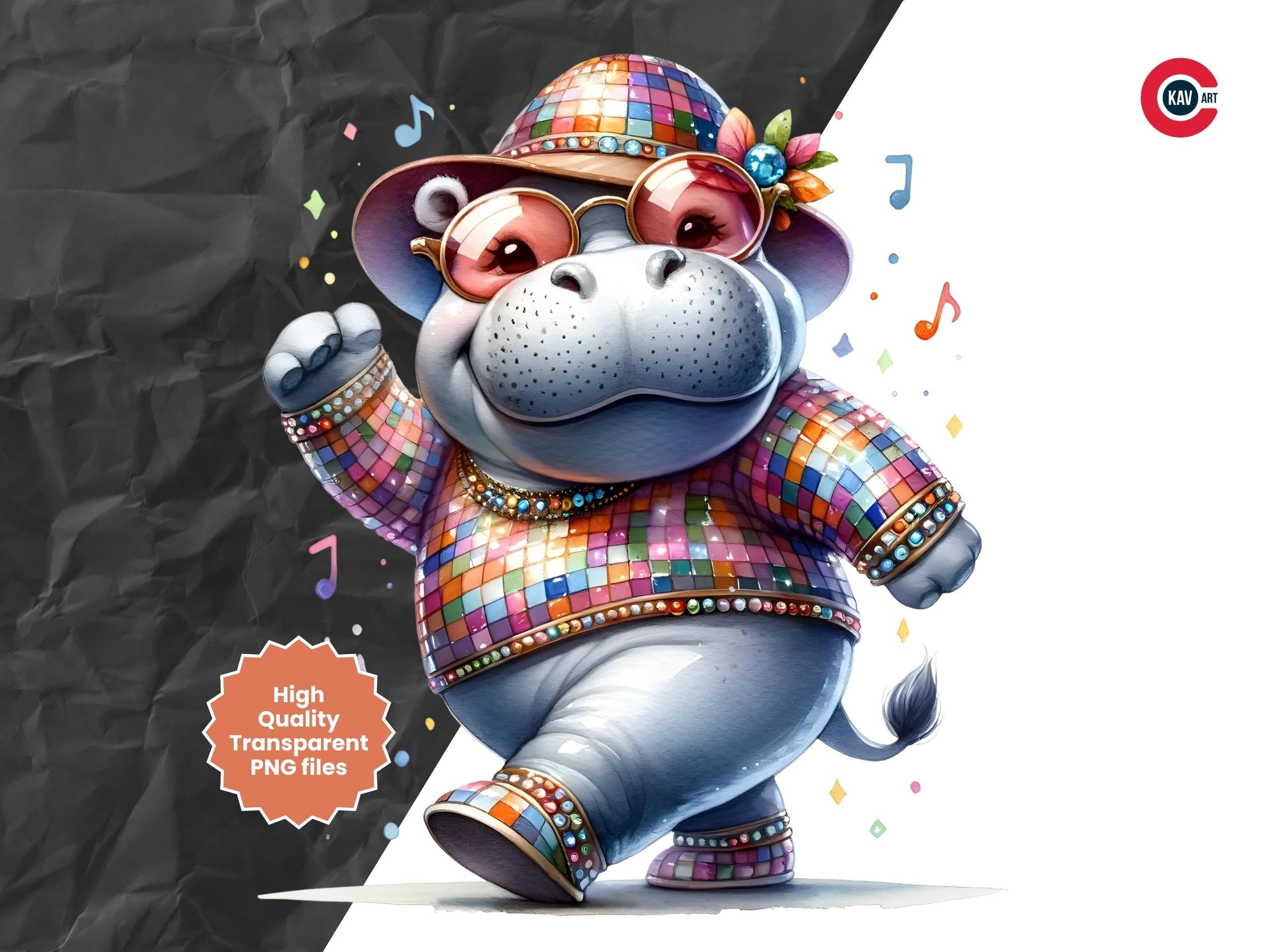 Hippo Dance Watercolor Clipart, Hippo Rocking Out in a 80's Outfit ...