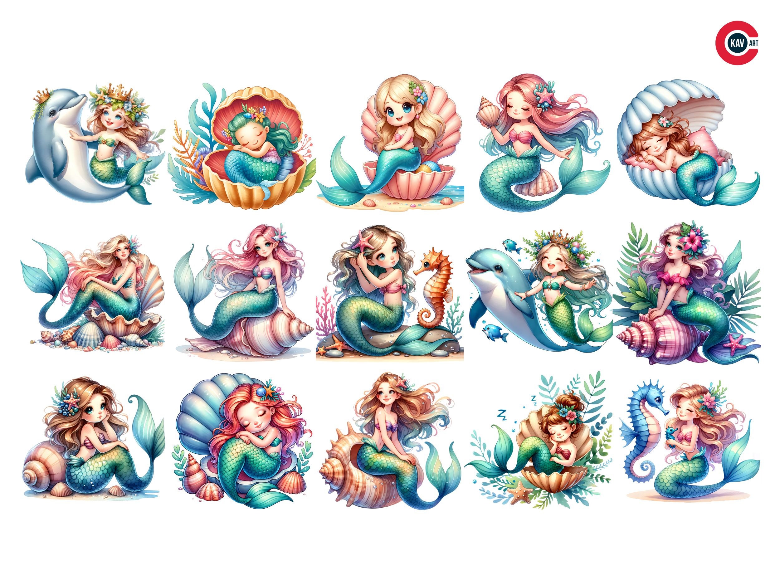 Mermaid Clipart, Cute Mermaid With Seashell Clipart, Kids Mermaid ...