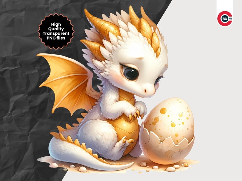 Watercolor Baby Dragon Clipart, White Golden Dragon Fantasy Clipart ...