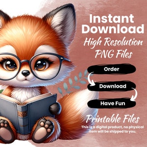 Cute Animals Reading Book Watercolor Illustration Clipart, Adorable ...