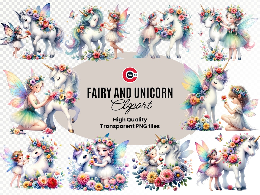 Cute Fairy Decorating Unicorn With Flowers Watercolor Clipart, Magical ...