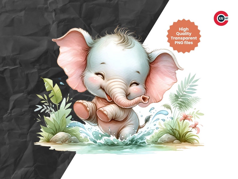 Watercolor Baby Elephant Clipart: Nursery Decor (PNG, Commercial Use ...