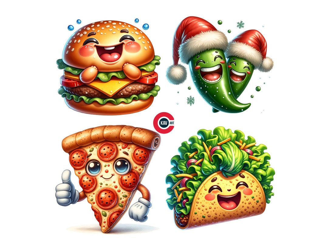 Funny Fast Food Emote Clipart: Burger, Pizza, Taco (PNG Digital ...