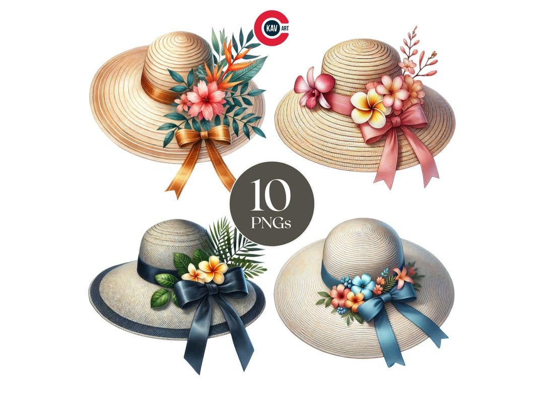 Watercolor Summer Hat Clipart: Straw Hats With Flowers (digital ...