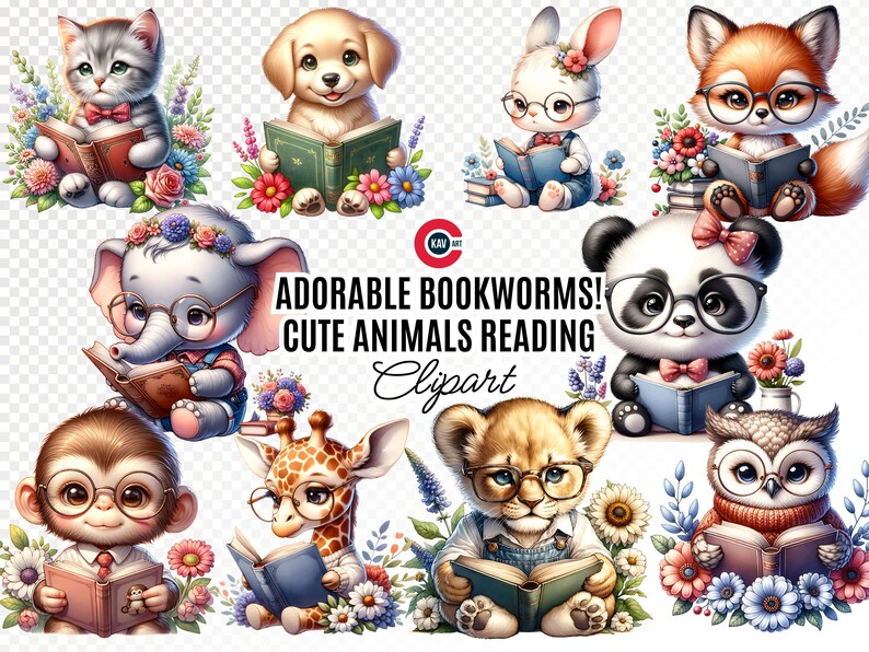 Cute Animals Reading Book Watercolor Illustration Clipart, Adorable ...