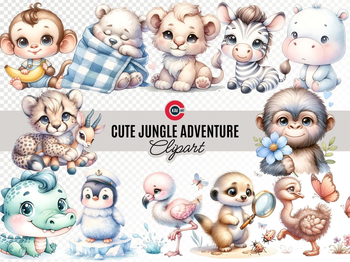 Jungle Adventure, Safari Animals Clipart Bundle, Hippo, Lion, Giraffe ...