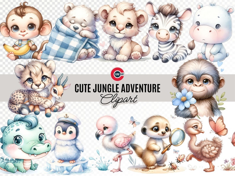 Jungle Adventure, Safari Animals Clipart Bundle, Hippo, Lion, Giraffe ...