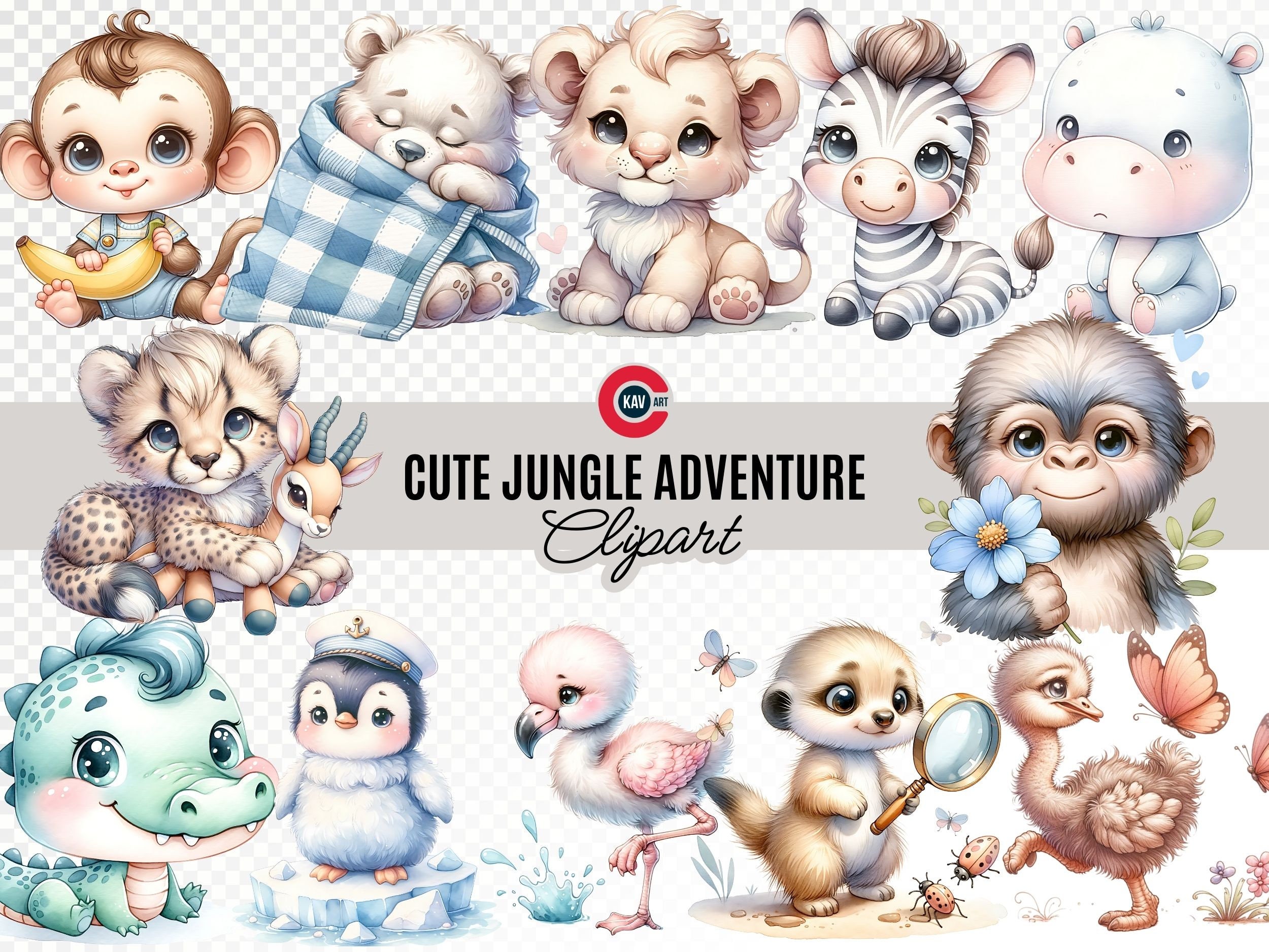 Jungle Adventure, Safari Animals Clipart Bundle, Hippo, Lion, Giraffe ...