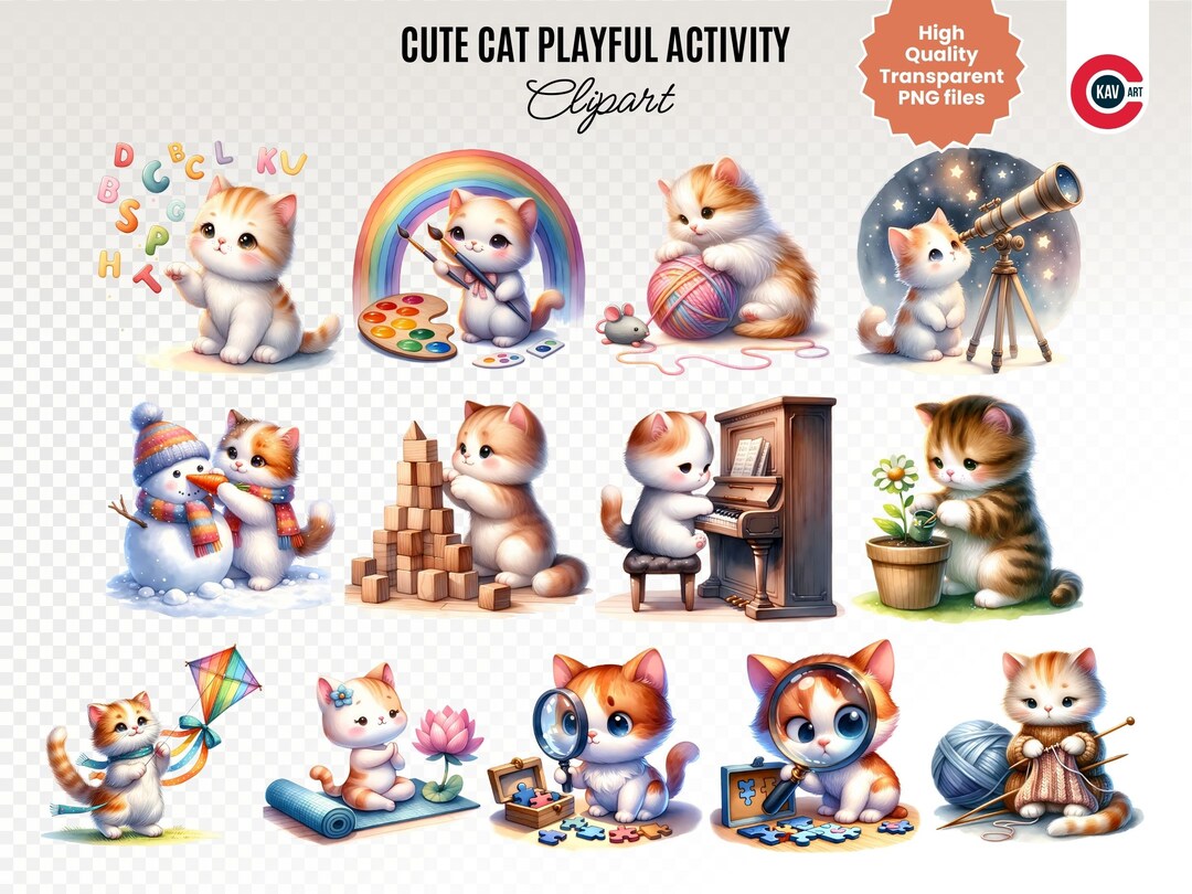 Playful Cats Clipart Bundle, Cute Kitten PNG, Printable Cat, Cute ...