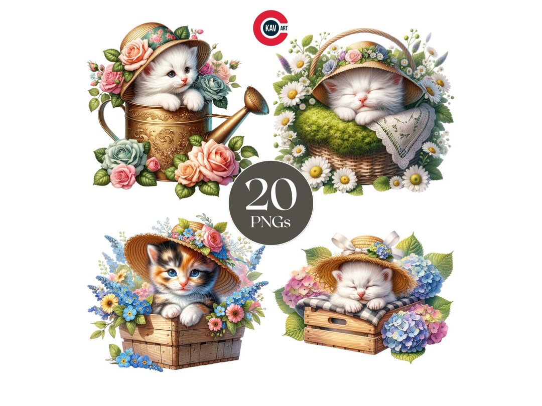 Kitten Clipart, Cute Spring Kitten, Cute Cat, Spring Flowers, Cute ...
