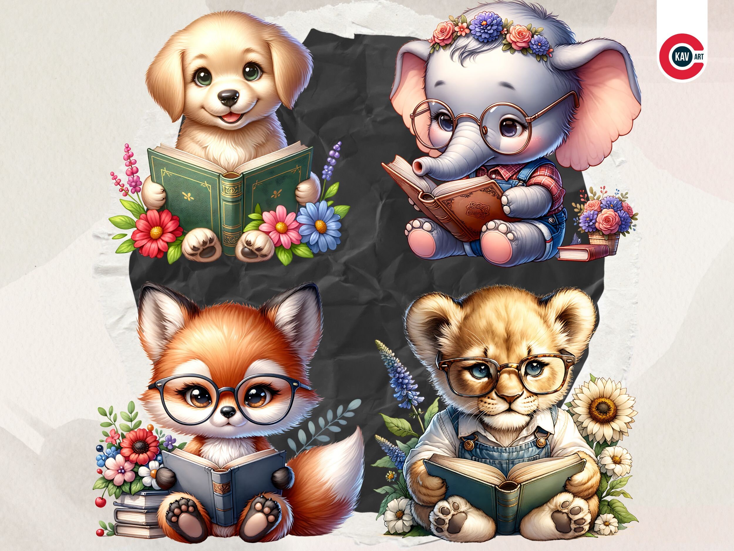 Cute Animals Reading Book Watercolor Illustration Clipart, Adorable ...