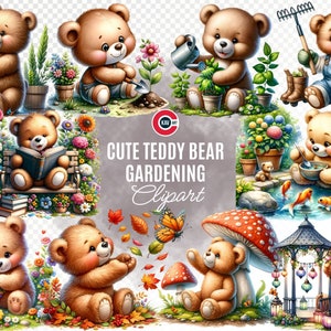 Cute Teddy Bear Gardening Watercolor Clipart Bundle, Cute Happy Teddy ...