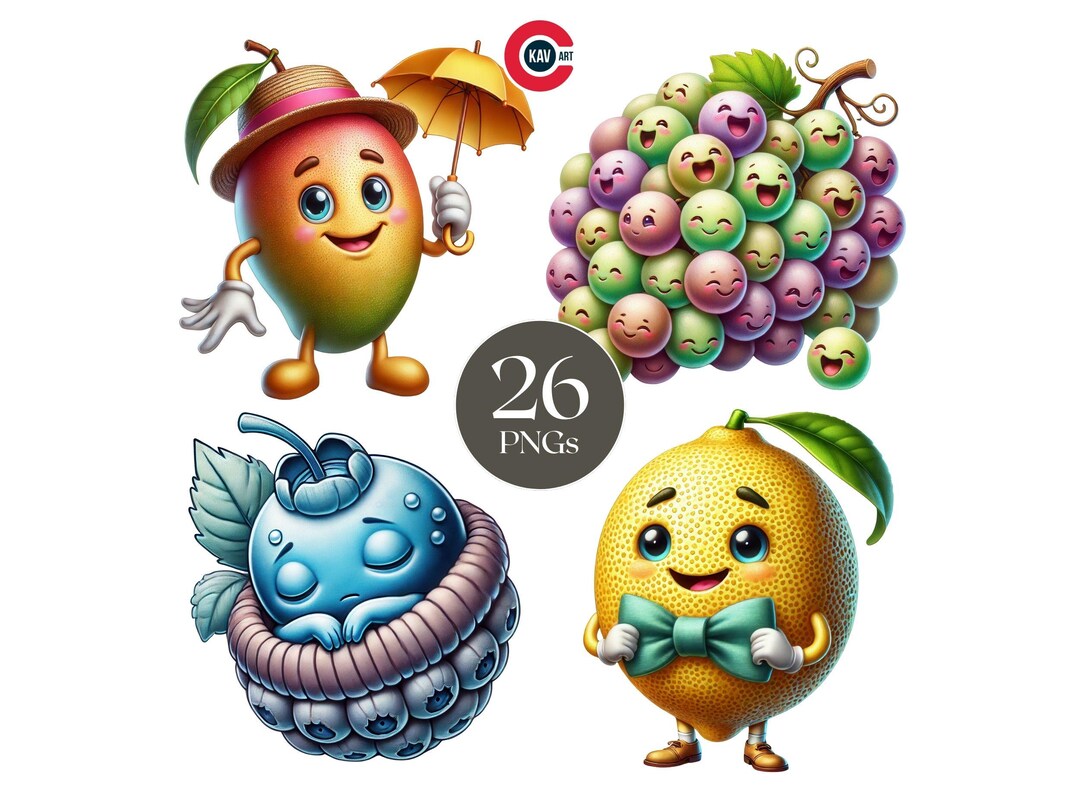 Fruit Clipart PNG Bundle, Funny Kawaii Graphics (digital Download - Etsy
