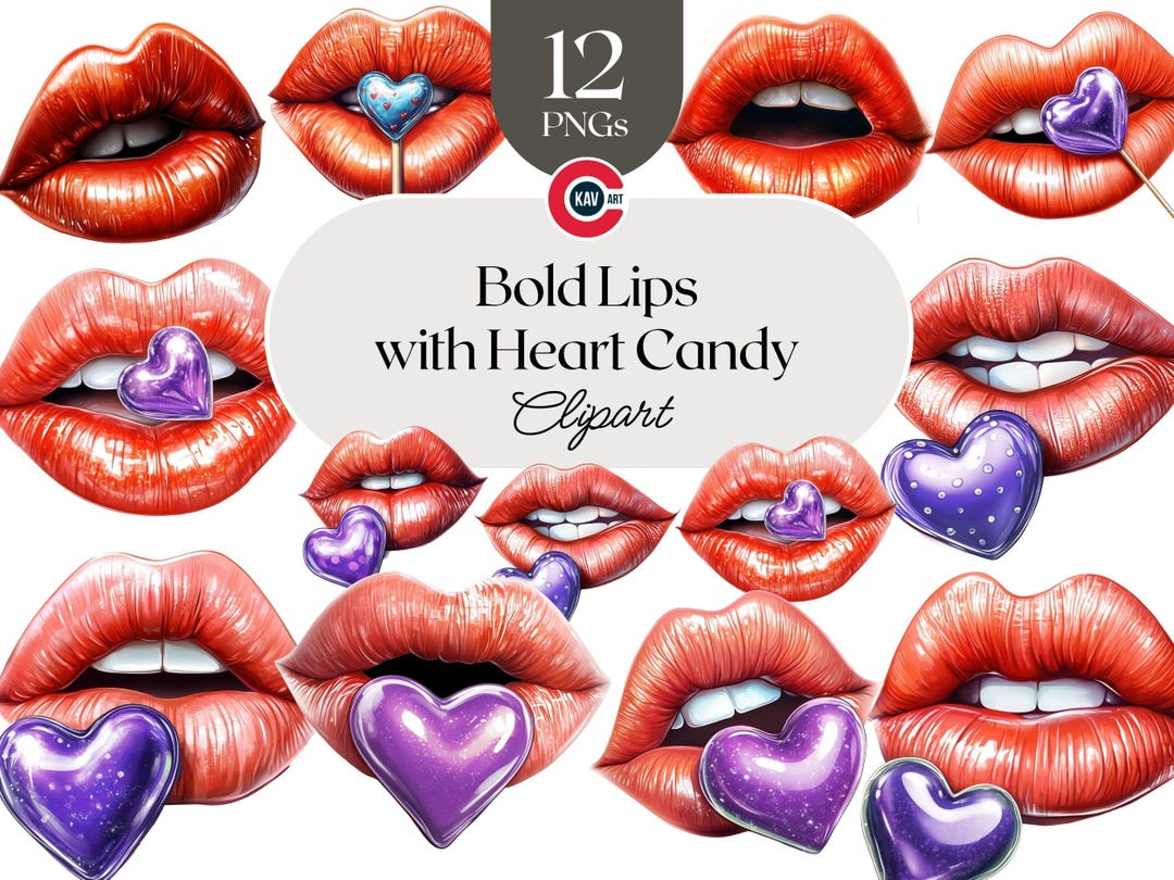 Valentine Lips Clipart: Red Lips & Heart Candy PNG (digital Download ...