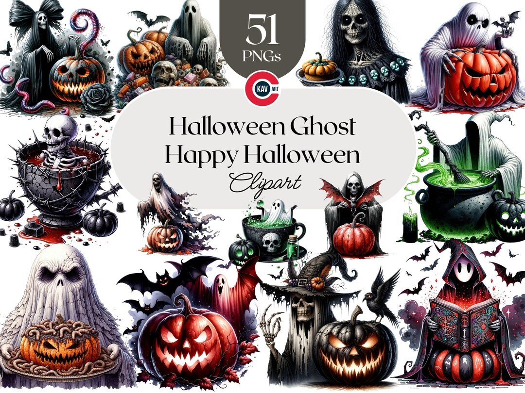 Spooky Halloween Ghost Clipart Bundle: Pumpkin, Reaper (PNG Digital ...