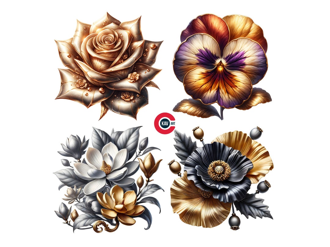 Gold and Silver Flower Art Clipart, Metal Flower Artefacts, Gold Flower ...