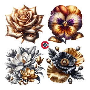 Gold and Silver Flower Art Clipart, Metal Flower Artefacts, Gold Flower ...