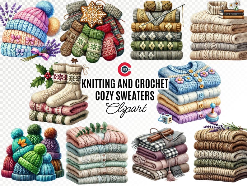 Watercolor Knitting Clipart: Cozy Sweaters, Yarn, Needlework (PNG ...