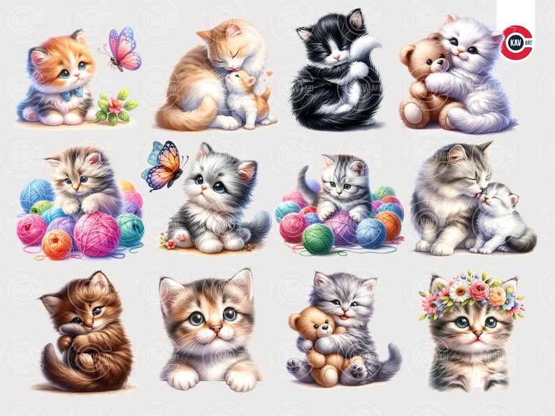 Cute Cat Clipart Pngs, Cute Kitten Watercolor Clipart, Print on Demand ...