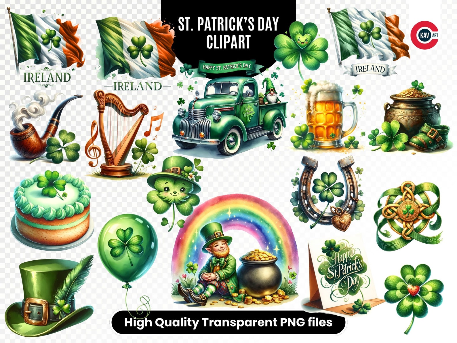 Saint Patrick's Day Clipart Bundle, Festive Png Graphics, St Patrick's Graphics, Transparent ...