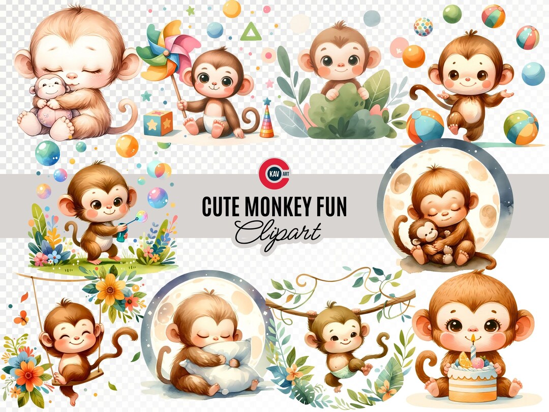 Cute Monkey Watercolour Clipart, Monkey Fun Activity, Safari Animals ...